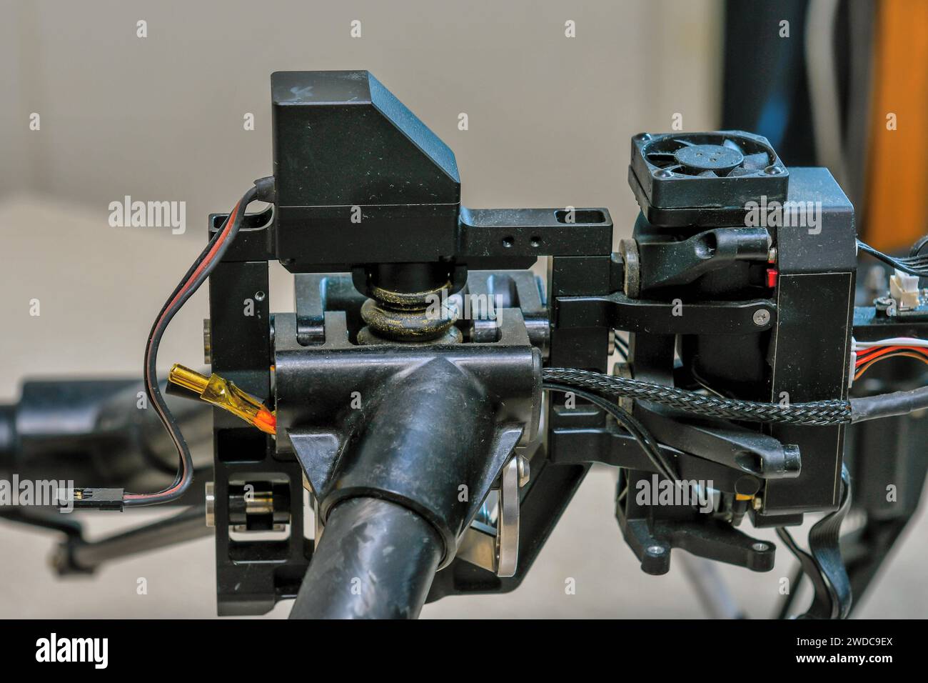 Closeup of fan assembly, landing gear motor and electrical wiring of ...