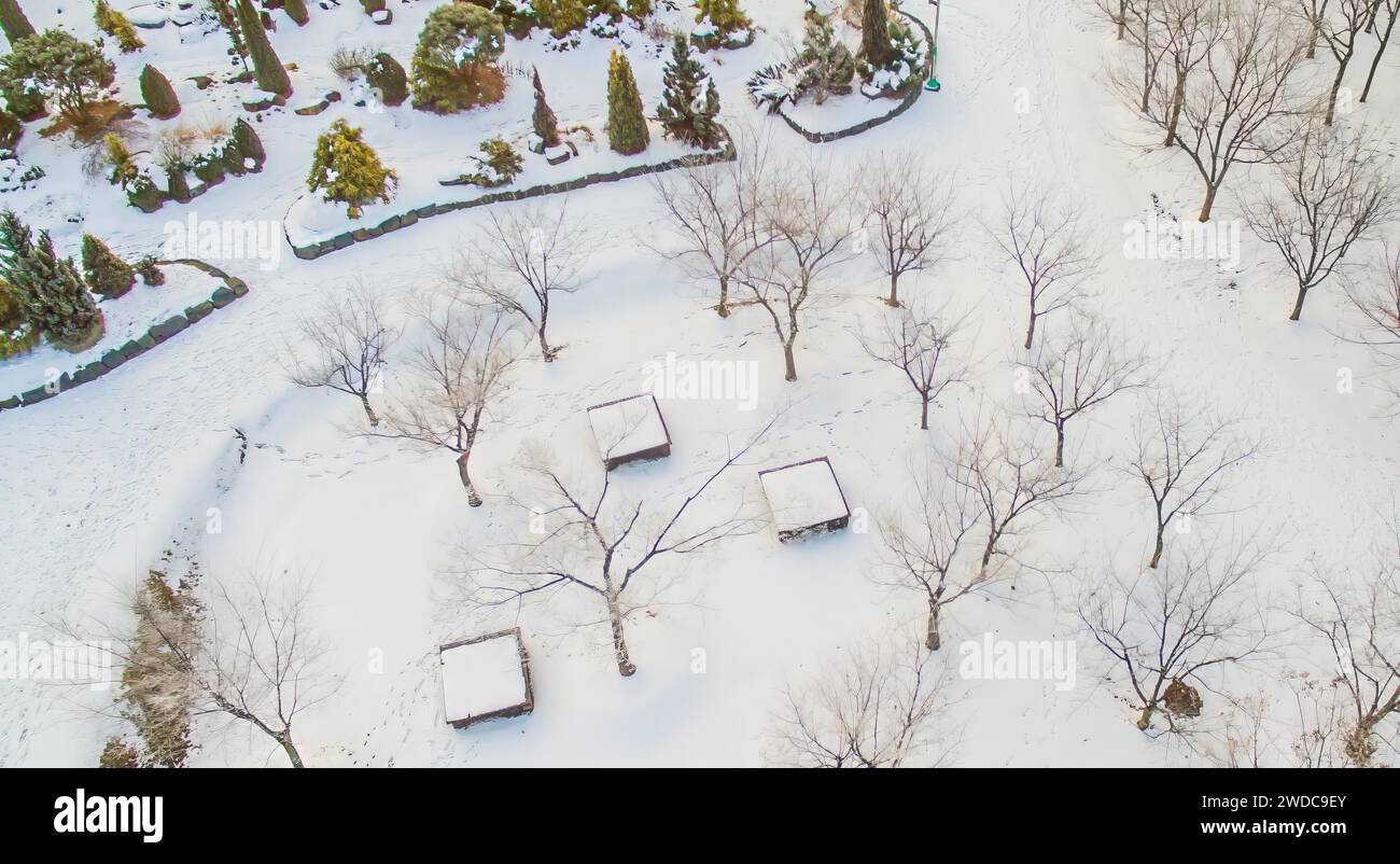 Aerial view of trees and picnic tables covered with snow in a snow ...