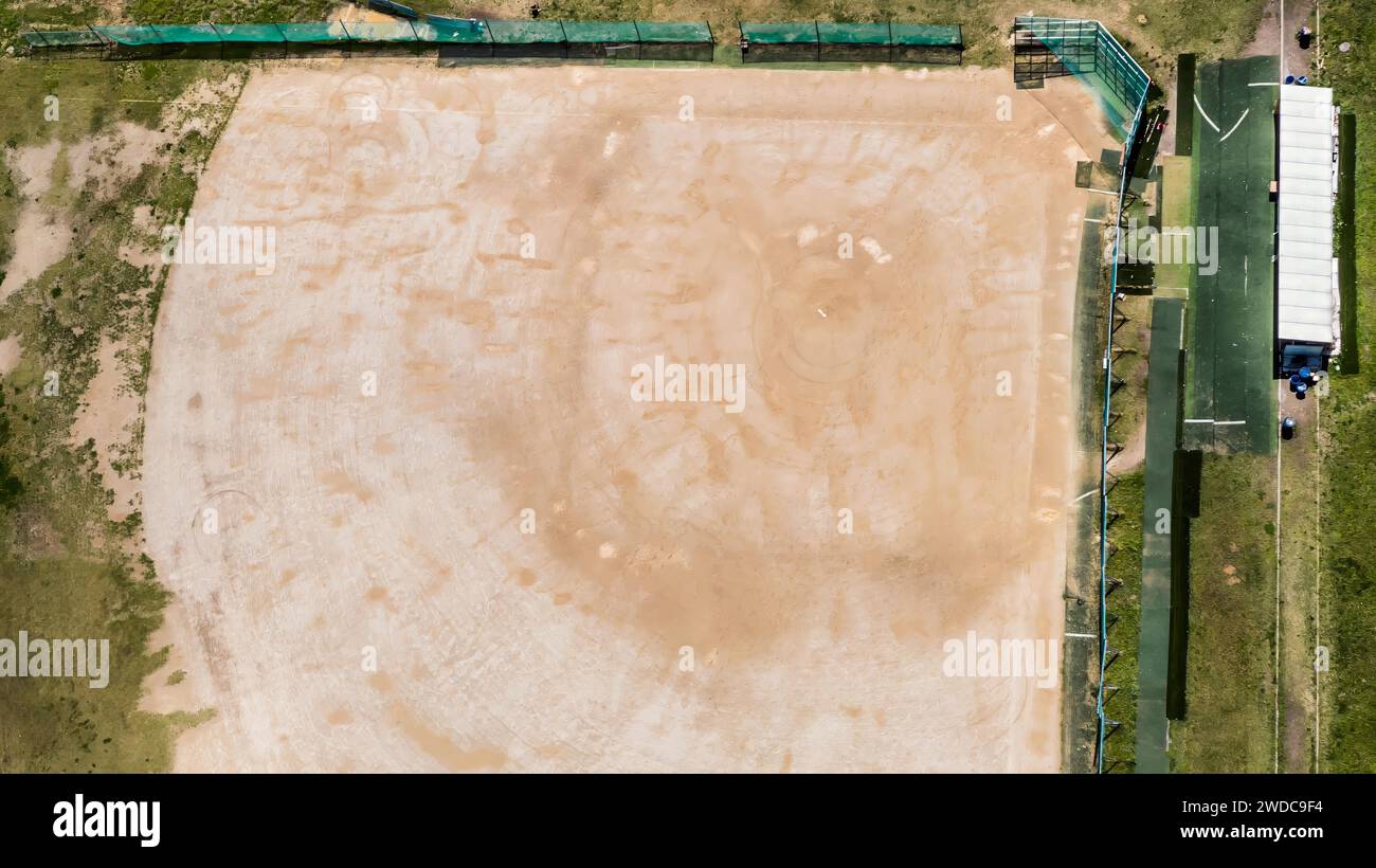 Aerial view of dirt baseball diamond in rural public park, South Korea ...