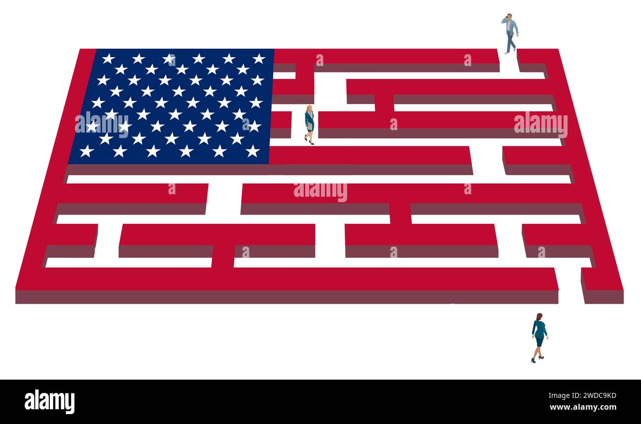 The USA flag appears as a maze with people entering the labyrinth. This ...