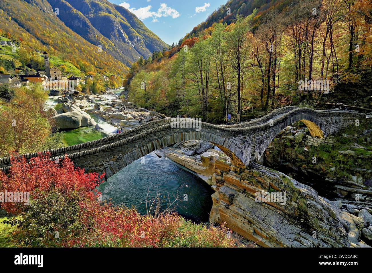 Old Roman bridge Ponte dei Salti over Verzasca, Lavertezzo, Verzasca ...