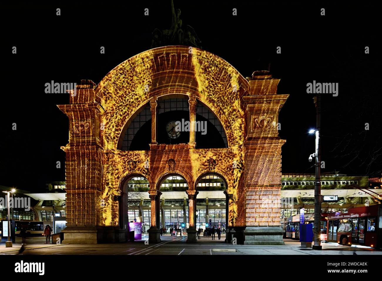 Archway on the station square, light installation at dusk, Lilu, Light ...
