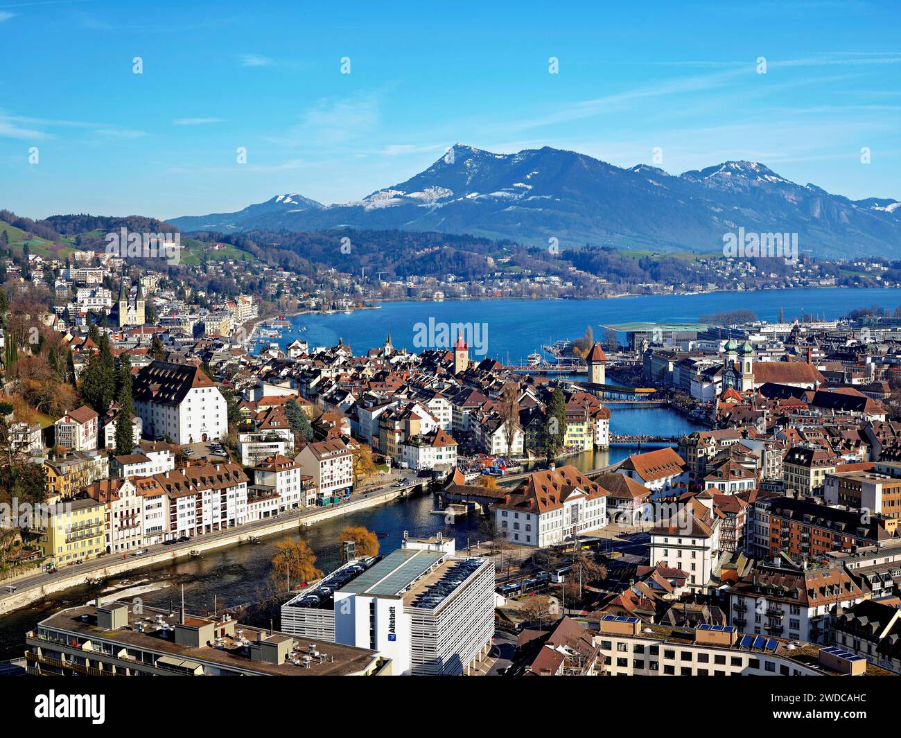 City view with Spreuerbruecke, Kapellbruecke, water tower on the Reuss ...