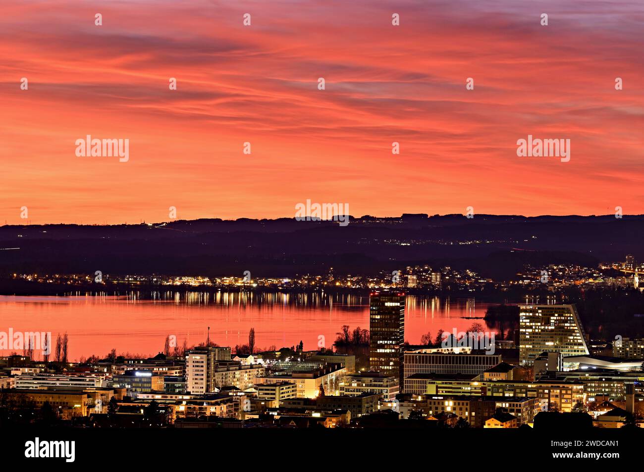 Evening mood with skyline and Lake Zug in the foreground the ...