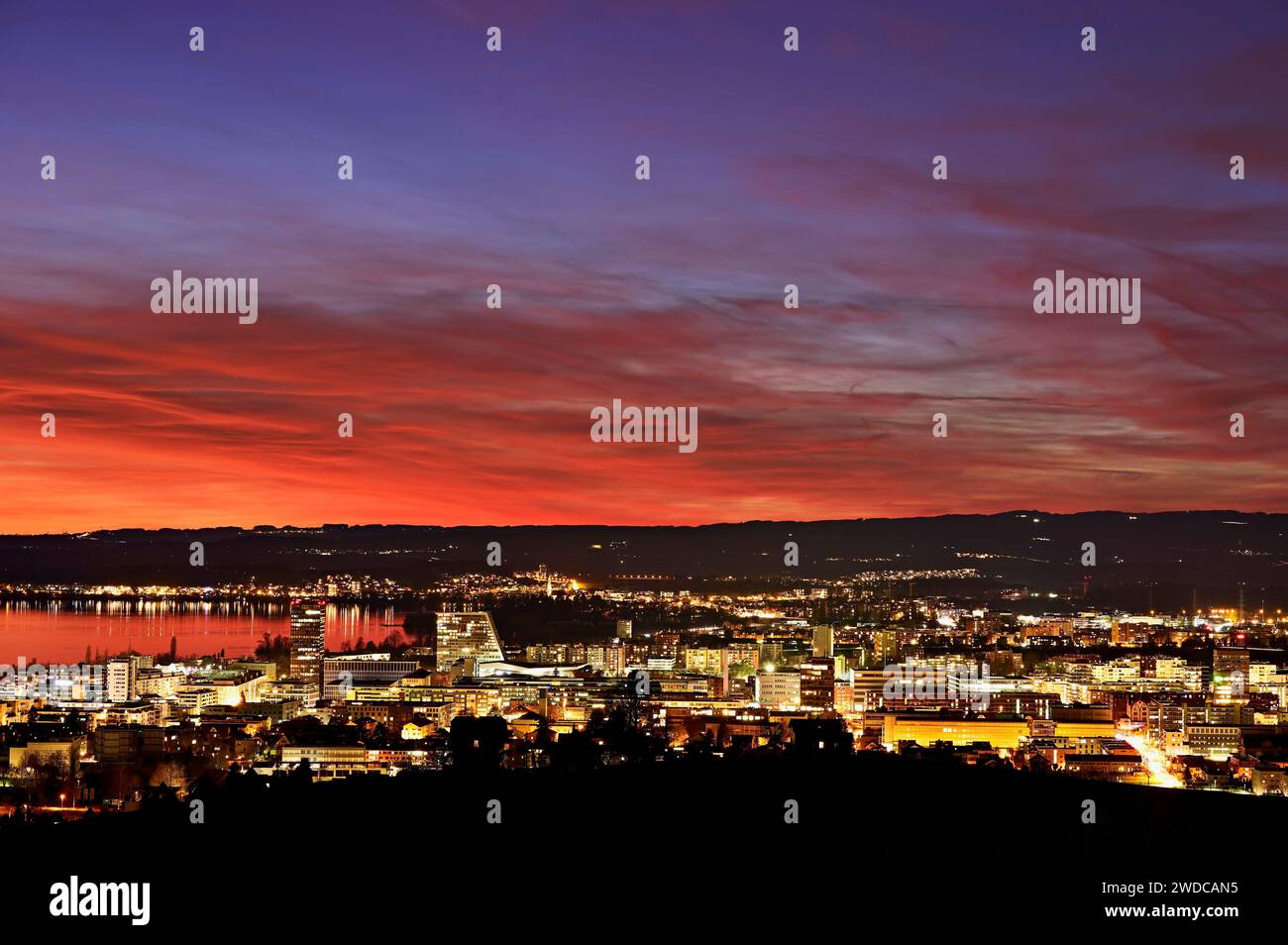 Evening mood with skyline and Lake Zug in the foreground the ...