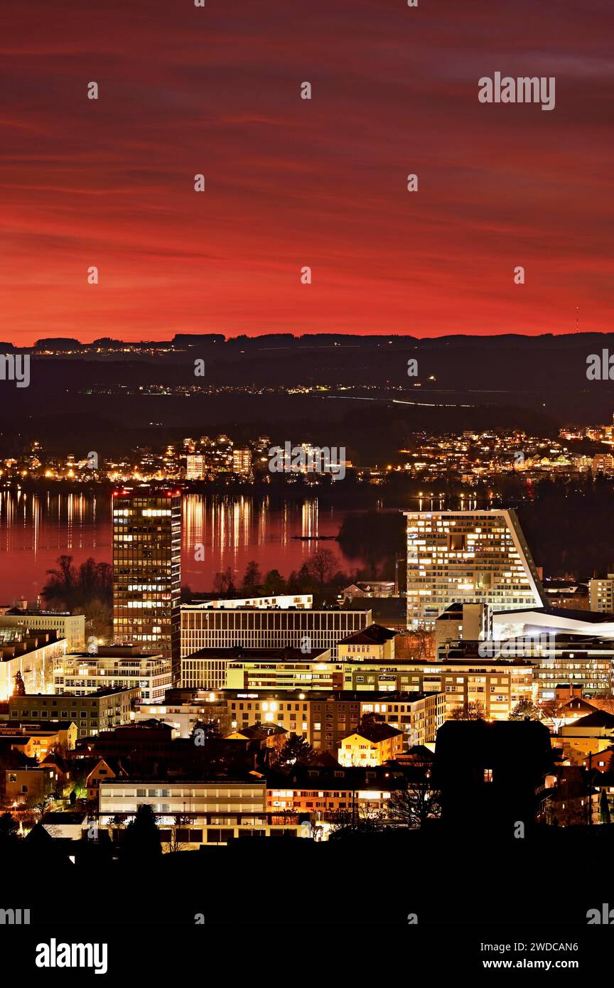Evening mood with skyline and Lake Zug in the foreground the ...