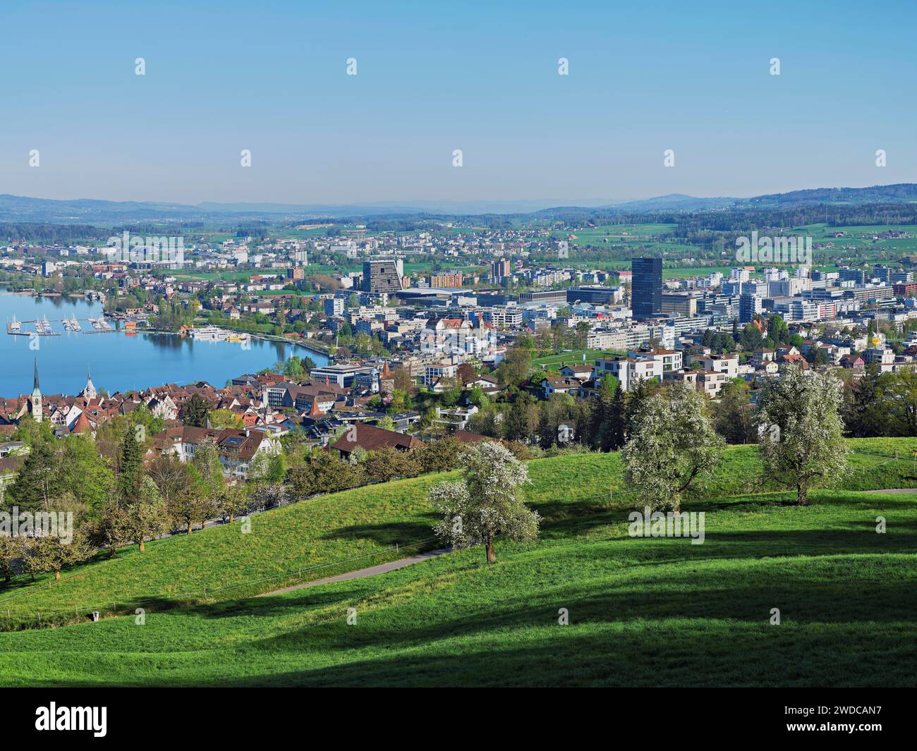 View of Lake Zug and the city with the skyscrapers Parktower and Uptown ...