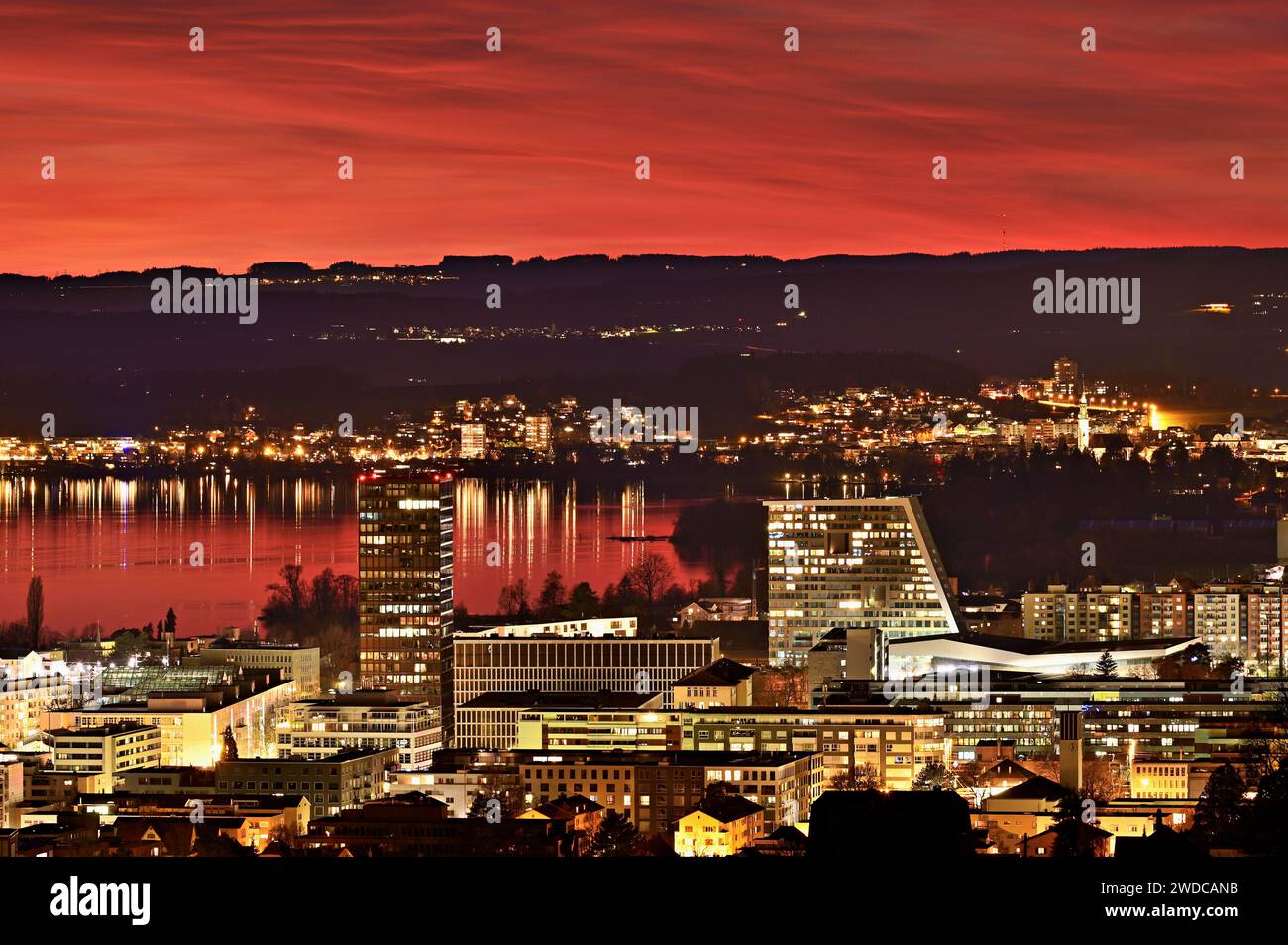 Evening mood with skyline and Lake Zug in the foreground the ...