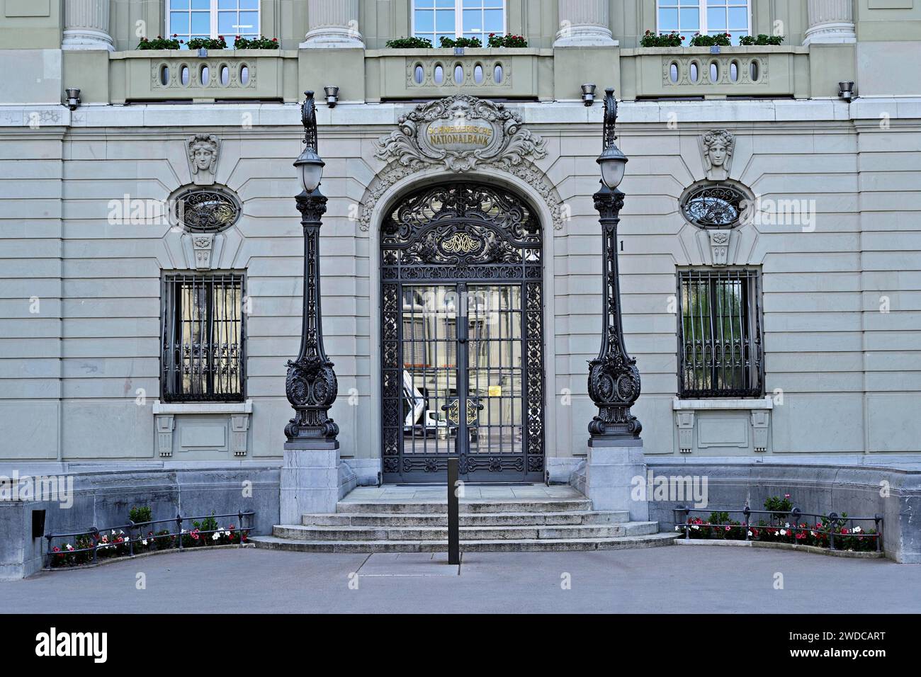 Entrance portal with lion medallion of the Swiss National Bank, Bern ...