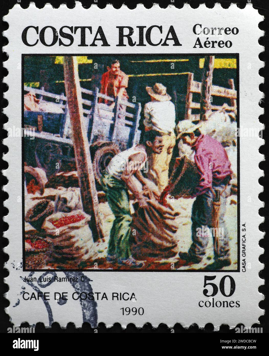 Painting of Costa Rican farmers at work in a coffee plantation on stamp ...