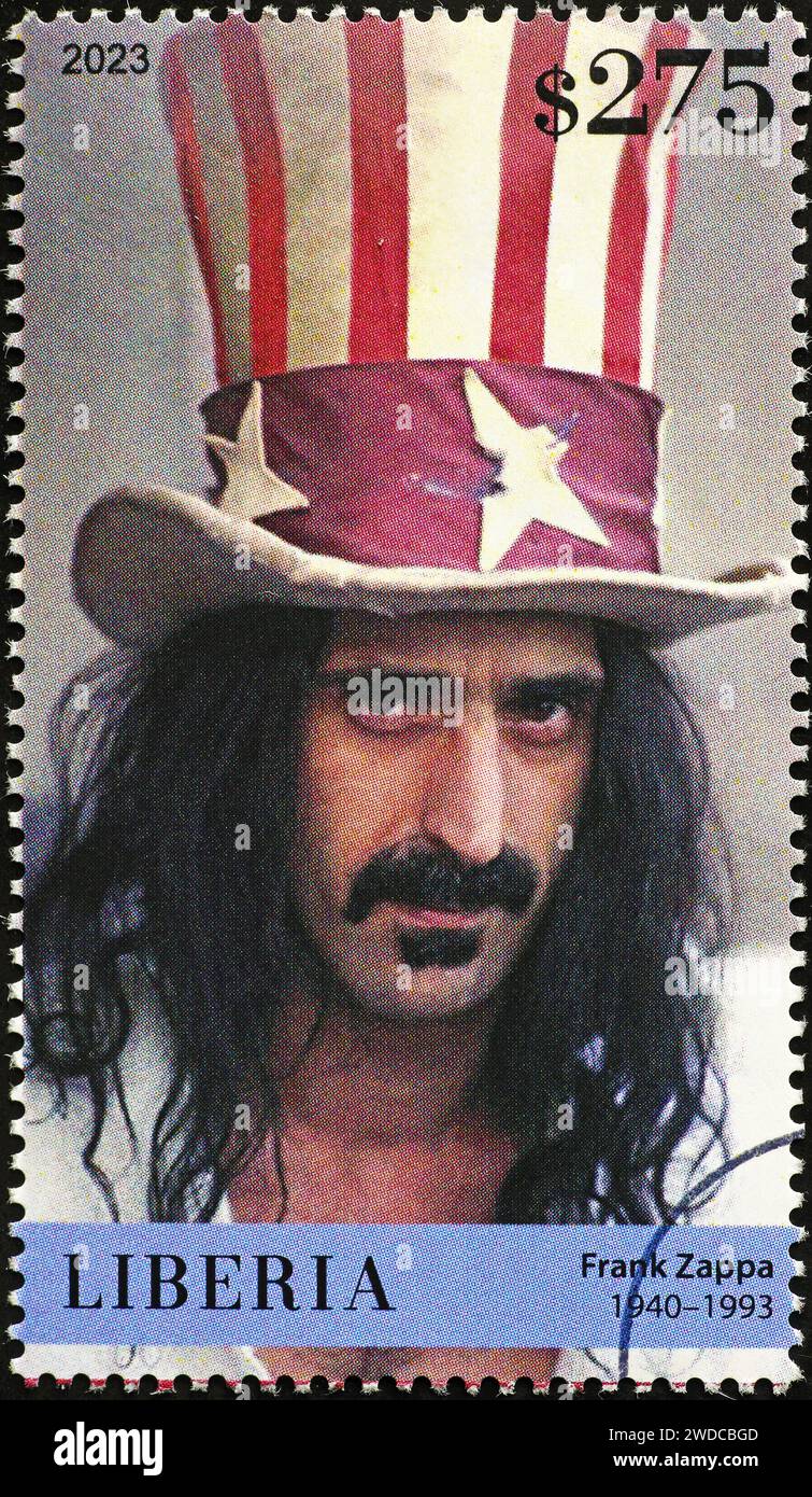 Portrait of Frank Zappa on postage stamp of Liberia Stock Photo - Alamy