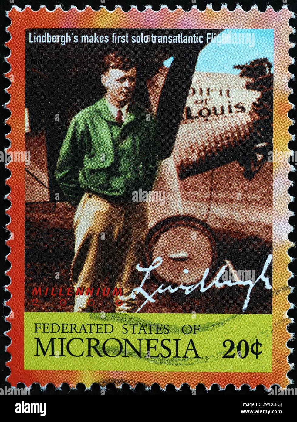 Portrait of Lindbergh and the Spirit of Saint Louis on postage stamp ...