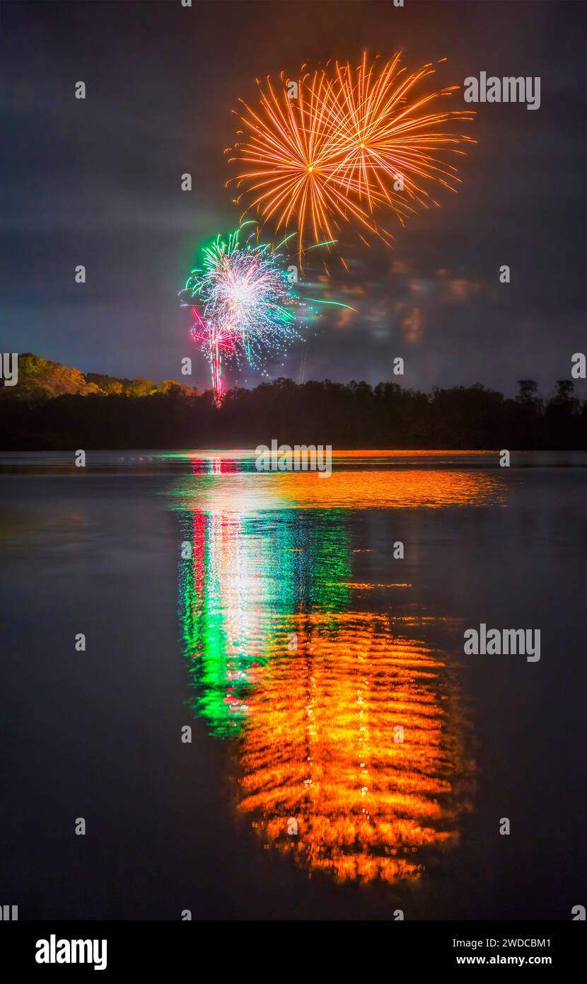 Bright fire flowers at New Year eve fireworks in Australia on Lake ...