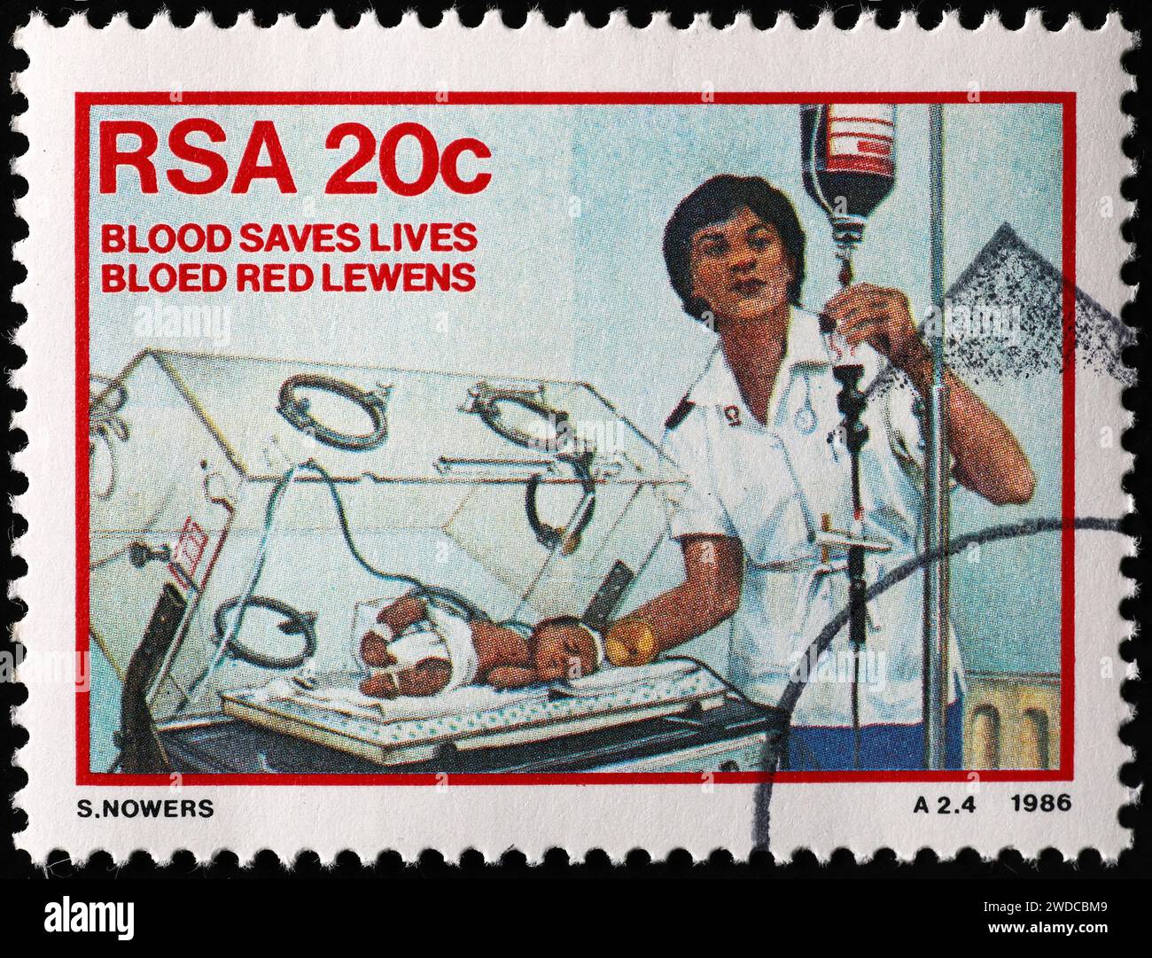 Promotional campaign to collect blood showing a nursery on stamp Stock ...