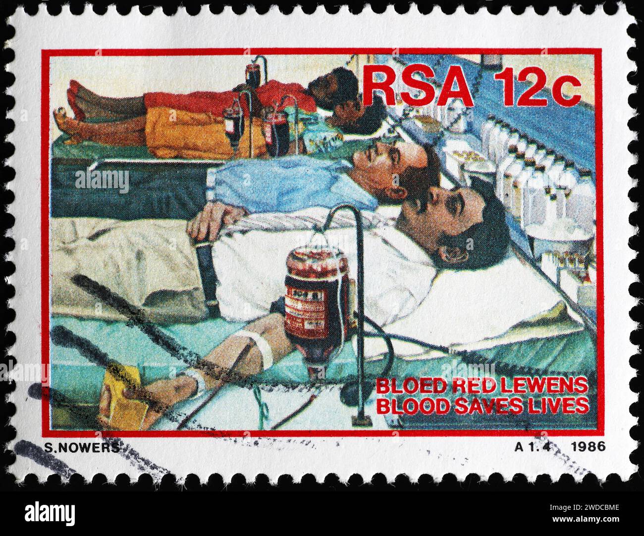Promotional campaign to collect blood showing transfusions on stamp ...