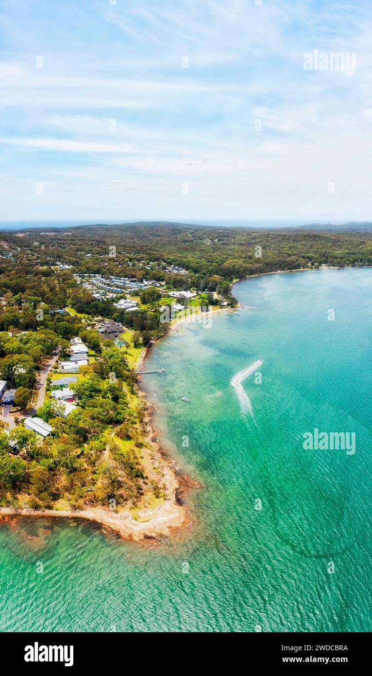 Scenic lagoon lakeshore aerial vertical panorama of Lake Macquarie at ...