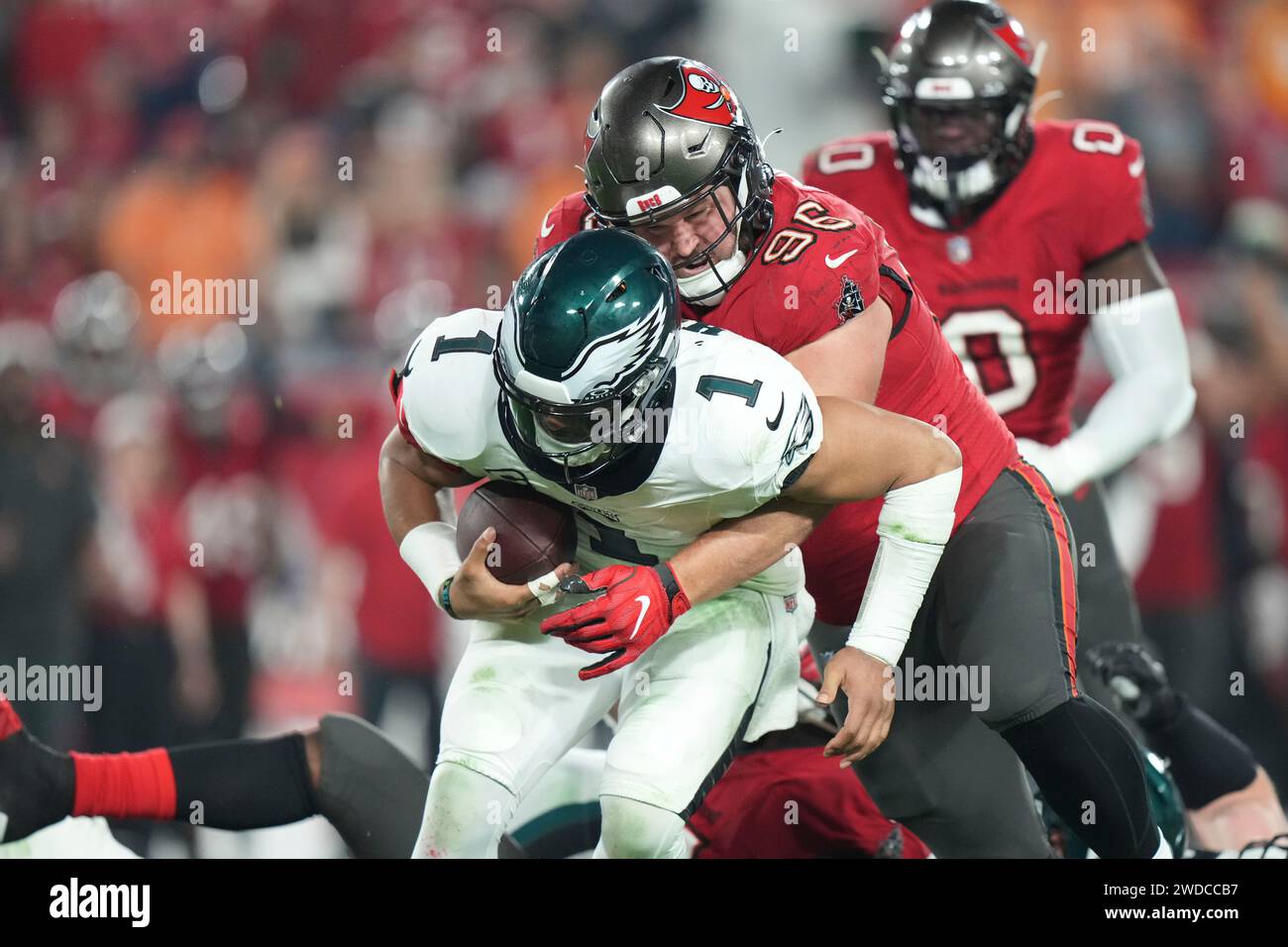 Philadelphia Eagles quarterback Jalen Hurts (1) gets sacked by Tampa ...