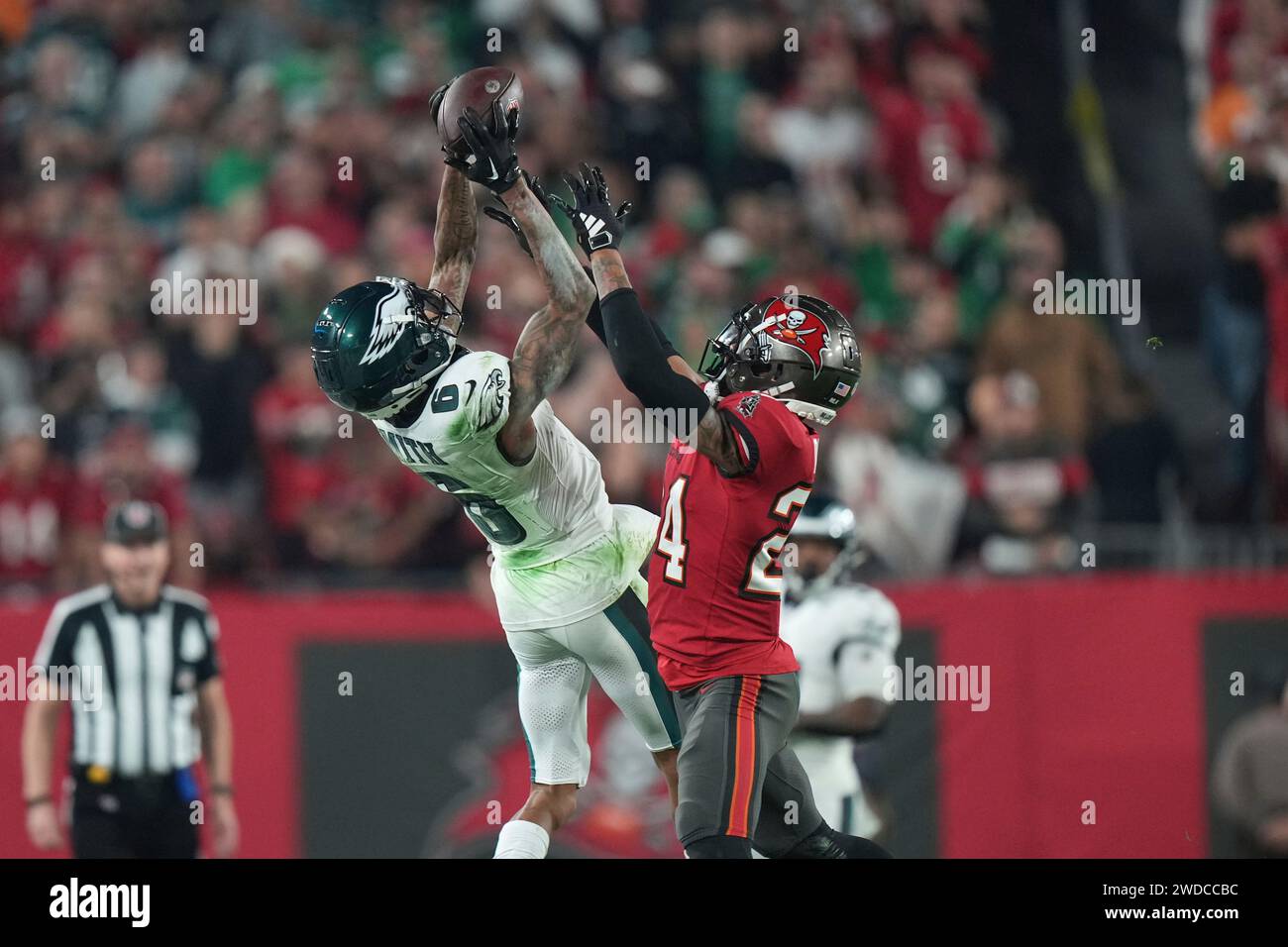 Philadelphia Eagles wide receiver DeVonta Smith (6) goes up for a pass ...