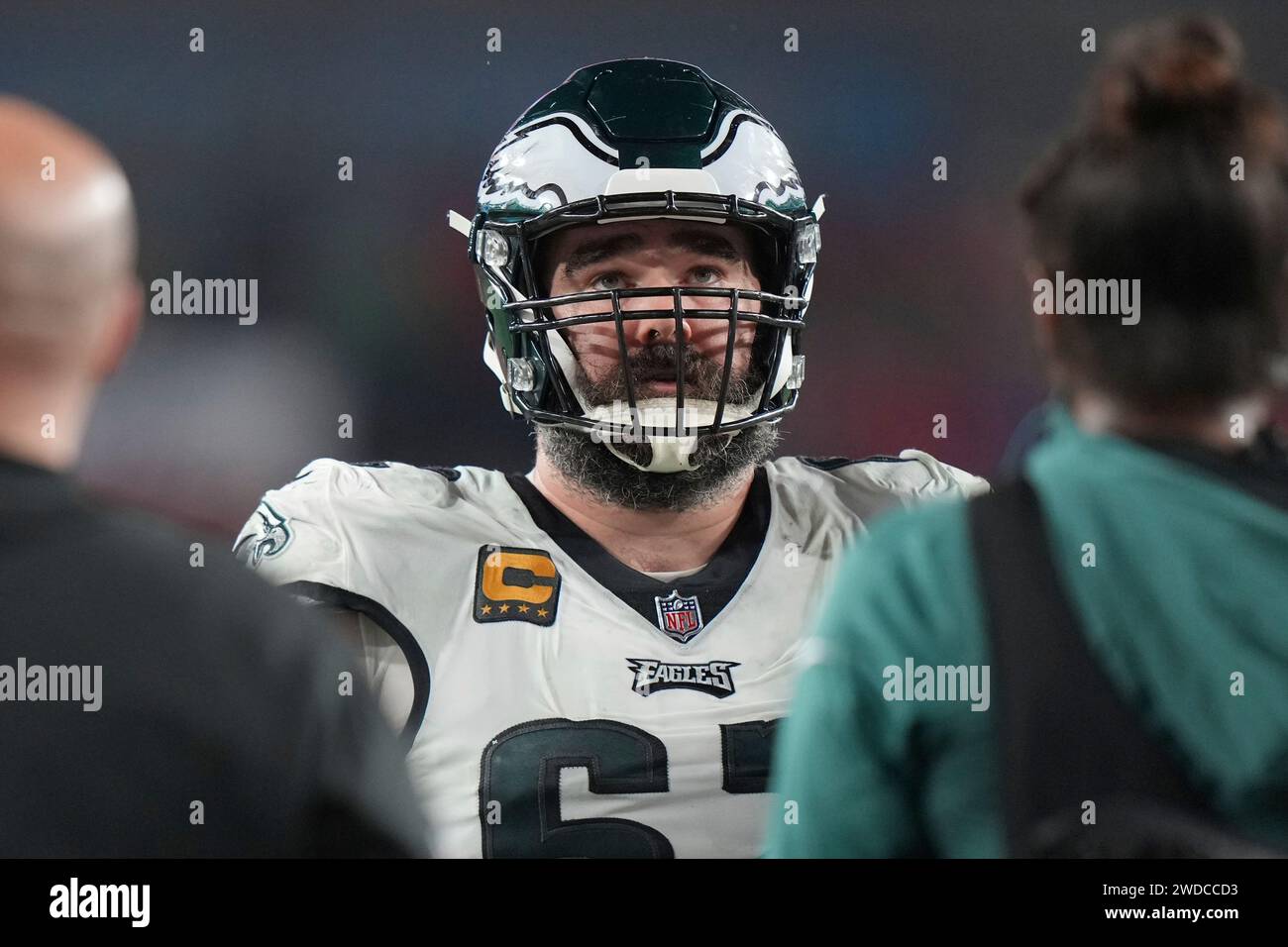 Philadelphia Eagles center Jason Kelce (62) watches the video board ...