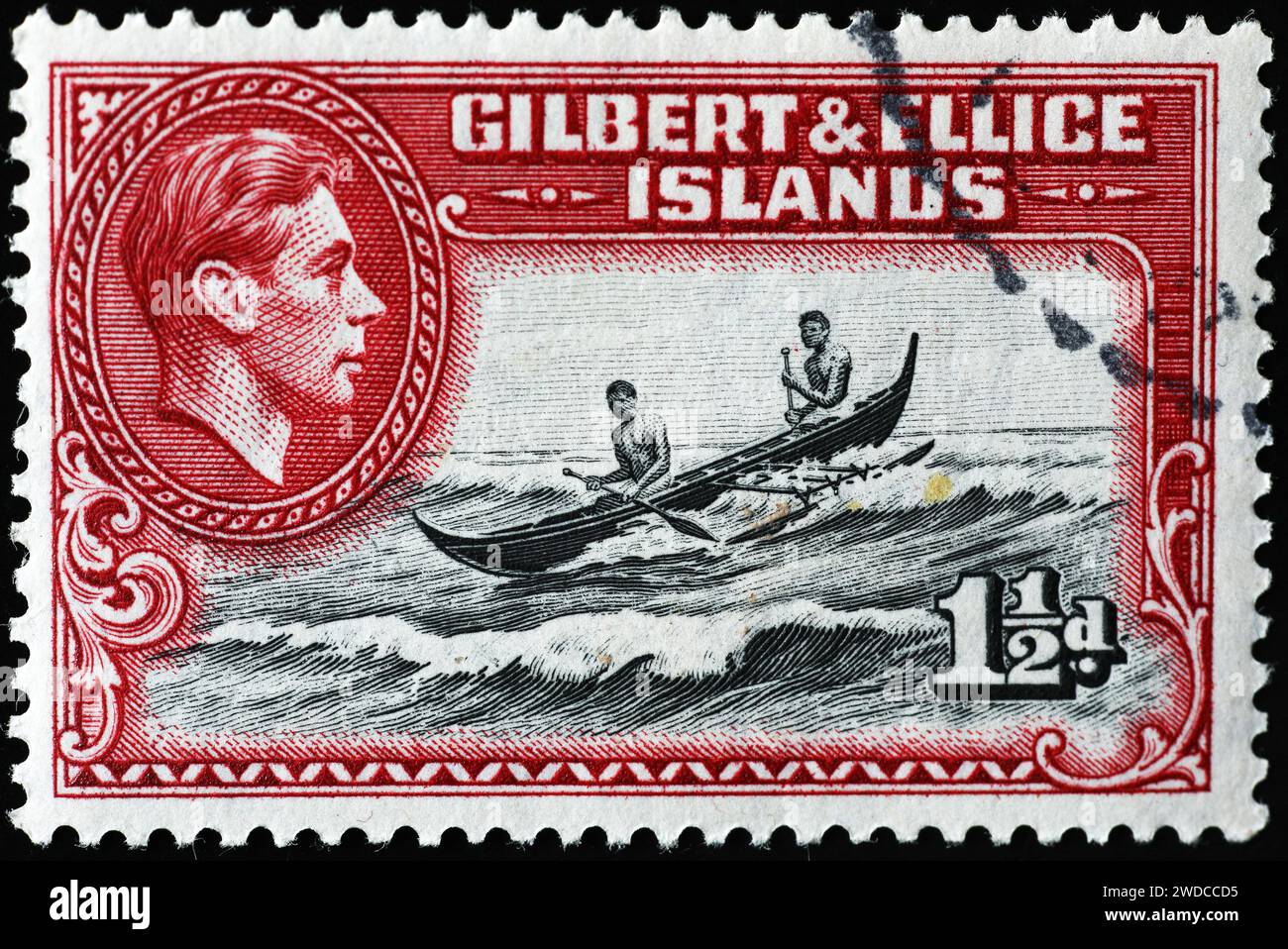 Outrigger pirogue on ancient tropical postage stamp Stock Photo - Alamy