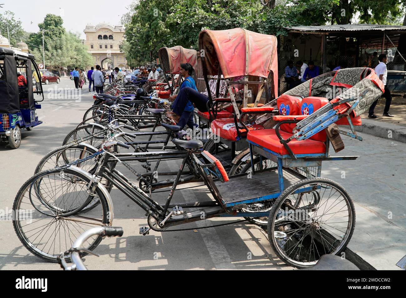 Rickshaws with riders waiting for tourists, Jaipur, Rajasthan, India ...