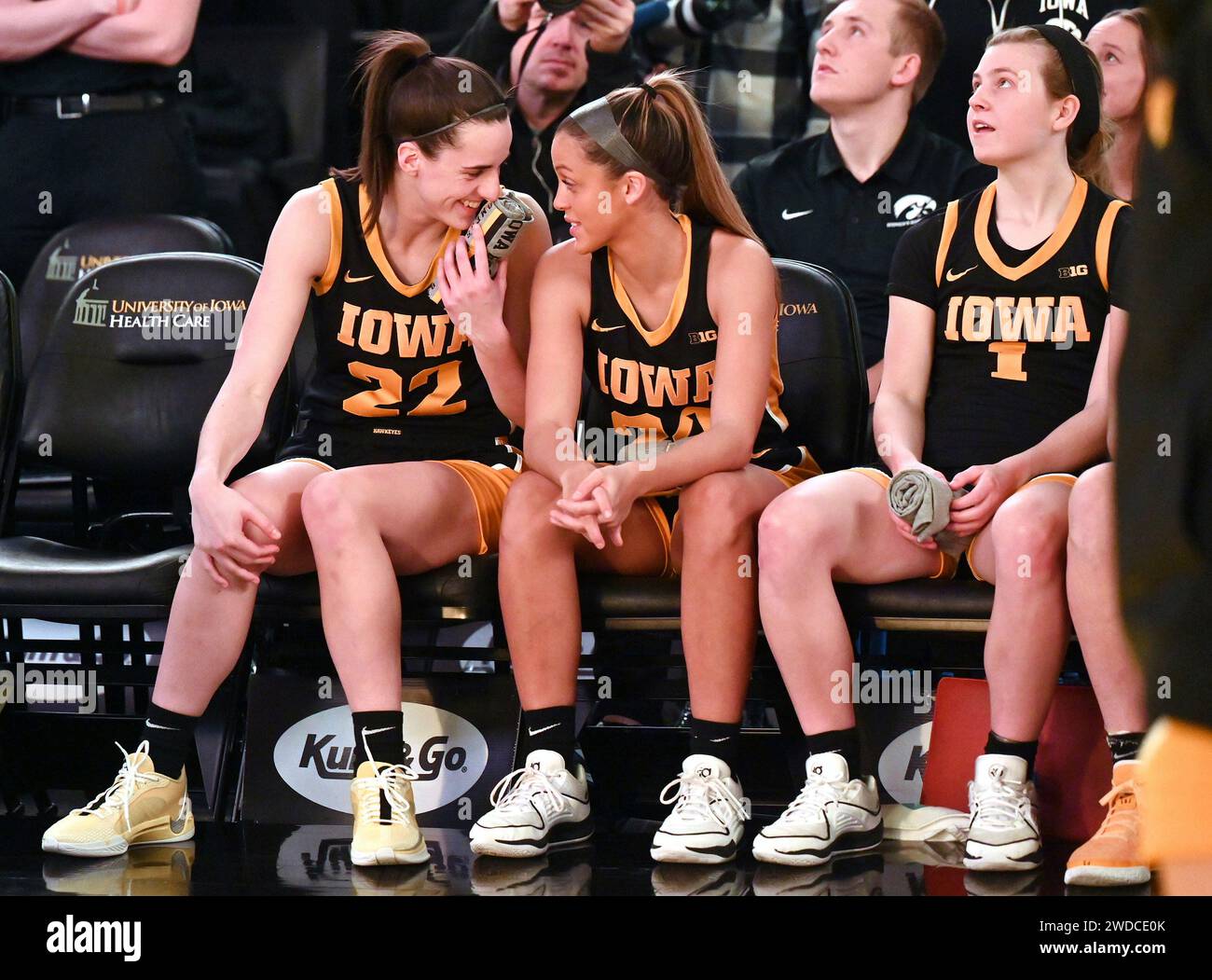 IOWA CITY, IA - JANUARY 16: Iowa guard Caitlin Clark (22) talks with ...