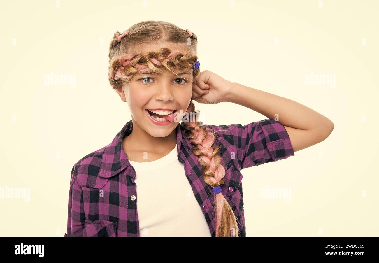 hair braid hairstyle. happy teen girl showing hair braiding. teen girl ...