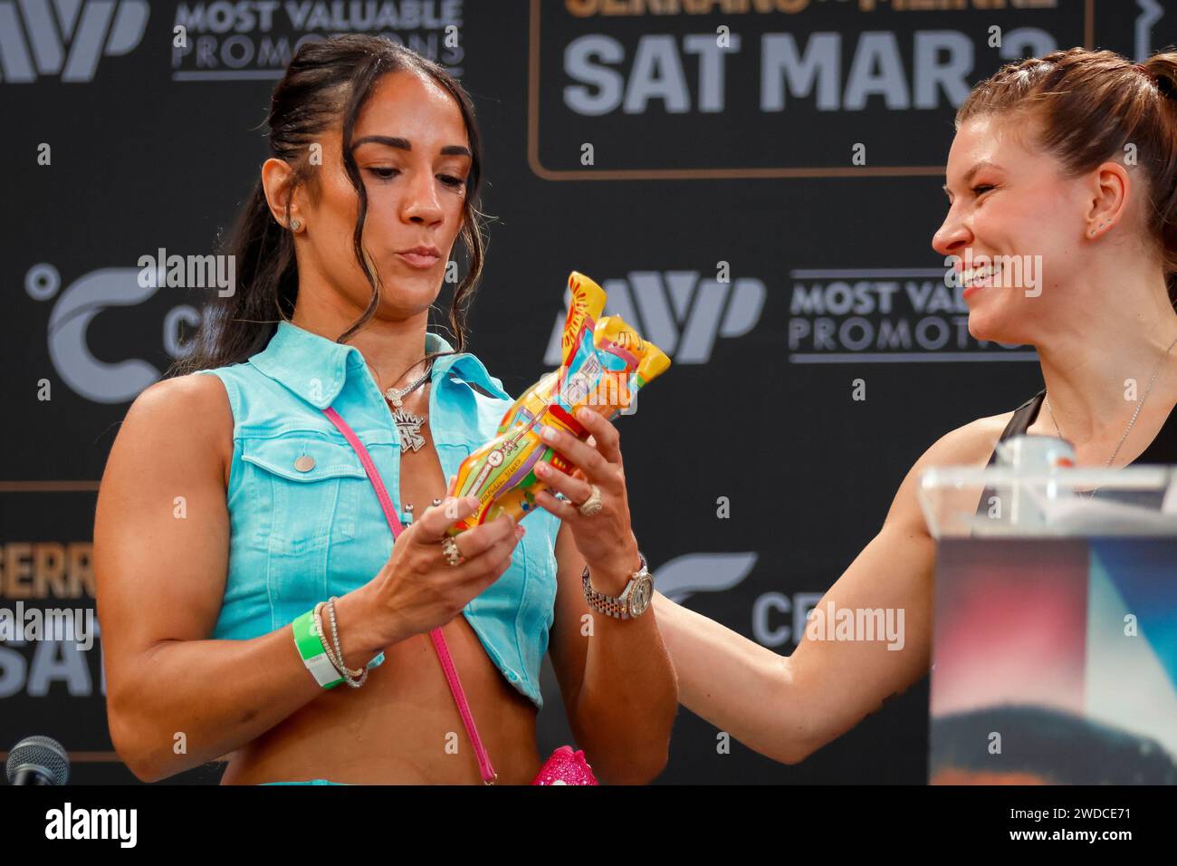 SAN JUAN, PUERTO RICO Amanda Serrano looks at the gift from Nina Meinke ...