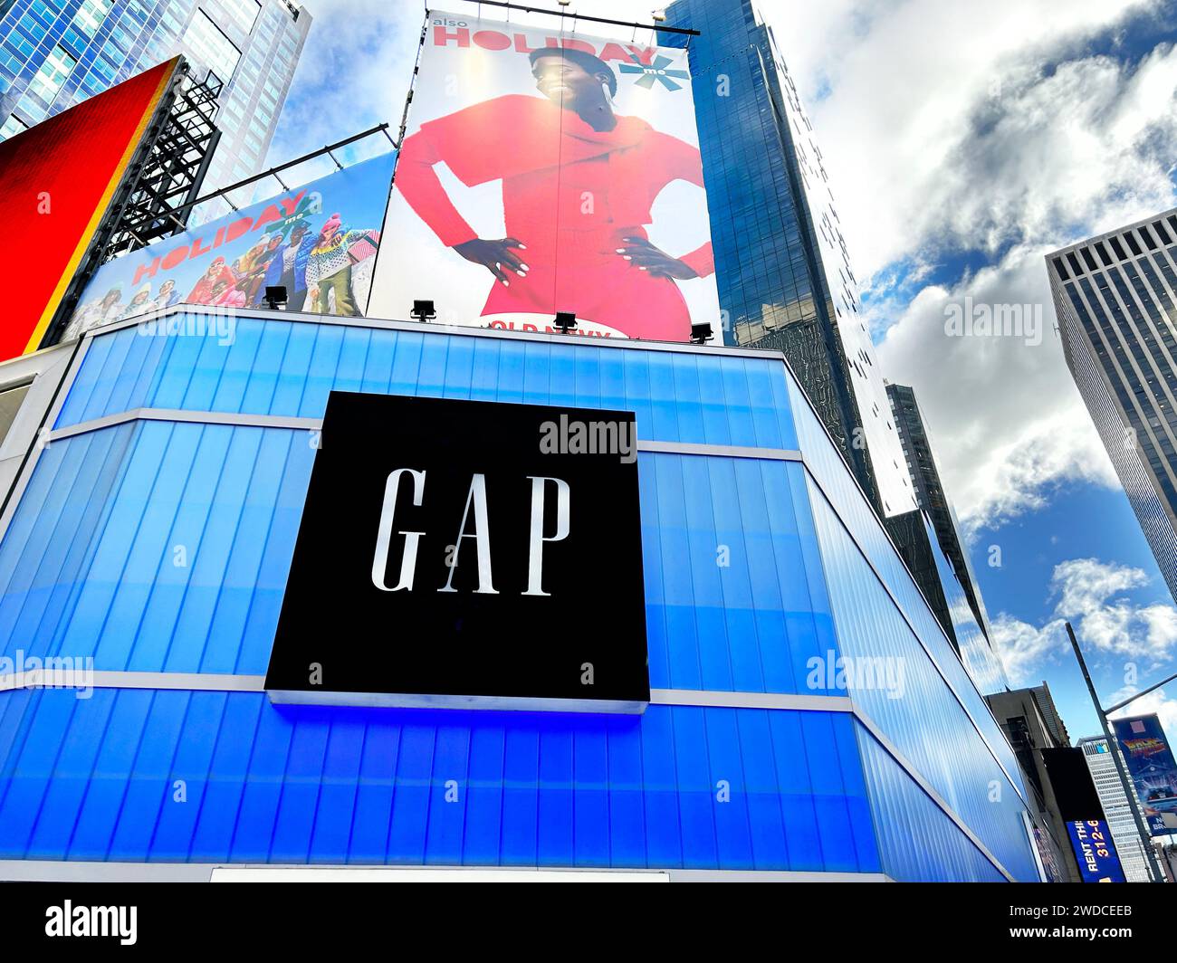 Low angle view of Gap store and billboards, Times Square, New York City, New York, USA Stock ...