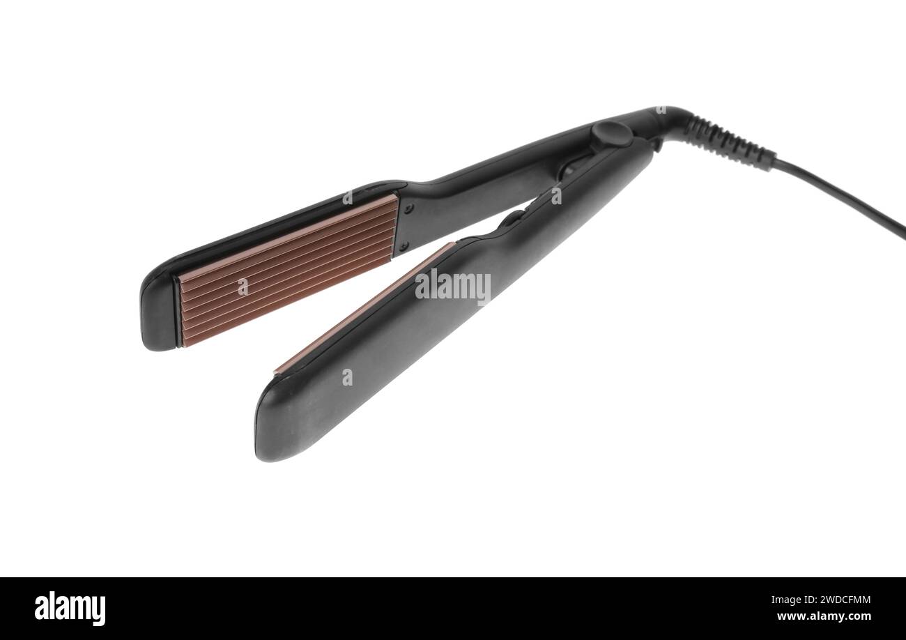 Flat iron with zigzag plate isolated on white. Hair styling device ...