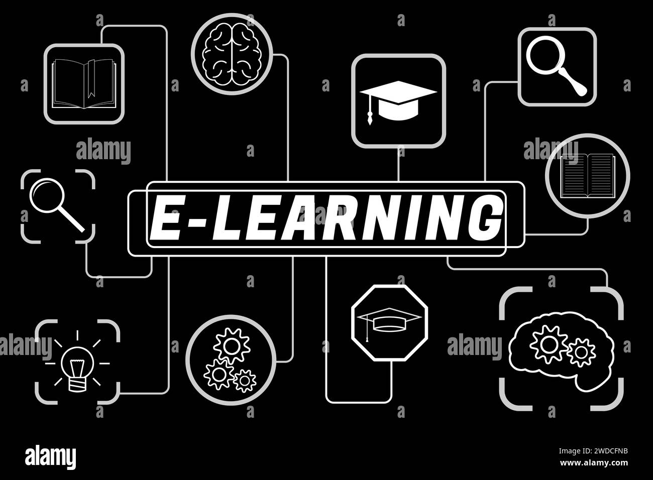 E-learning. Scheme with icons on black background Stock Photo - Alamy