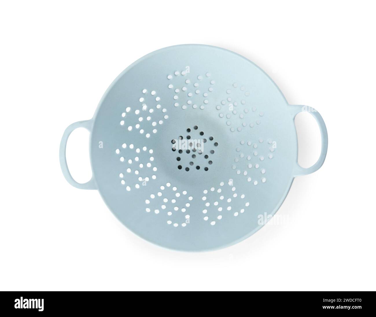 New plastic colander isolated on white, top view. Cooking utensils ...
