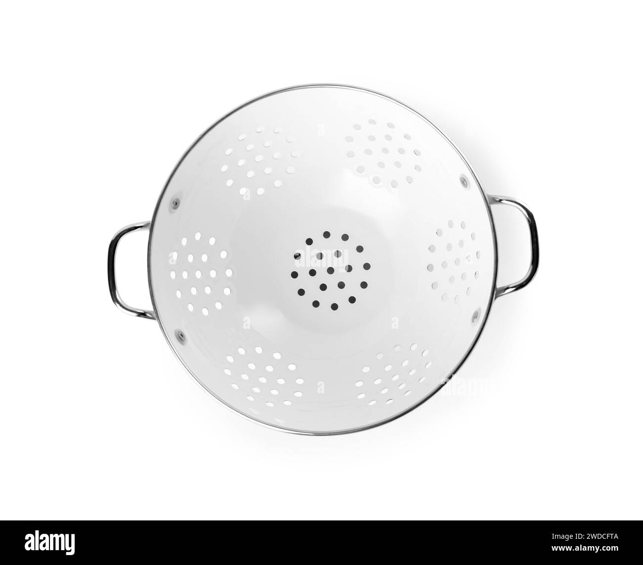 New clean colander isolated on white, top view. Cooking utensils Stock ...