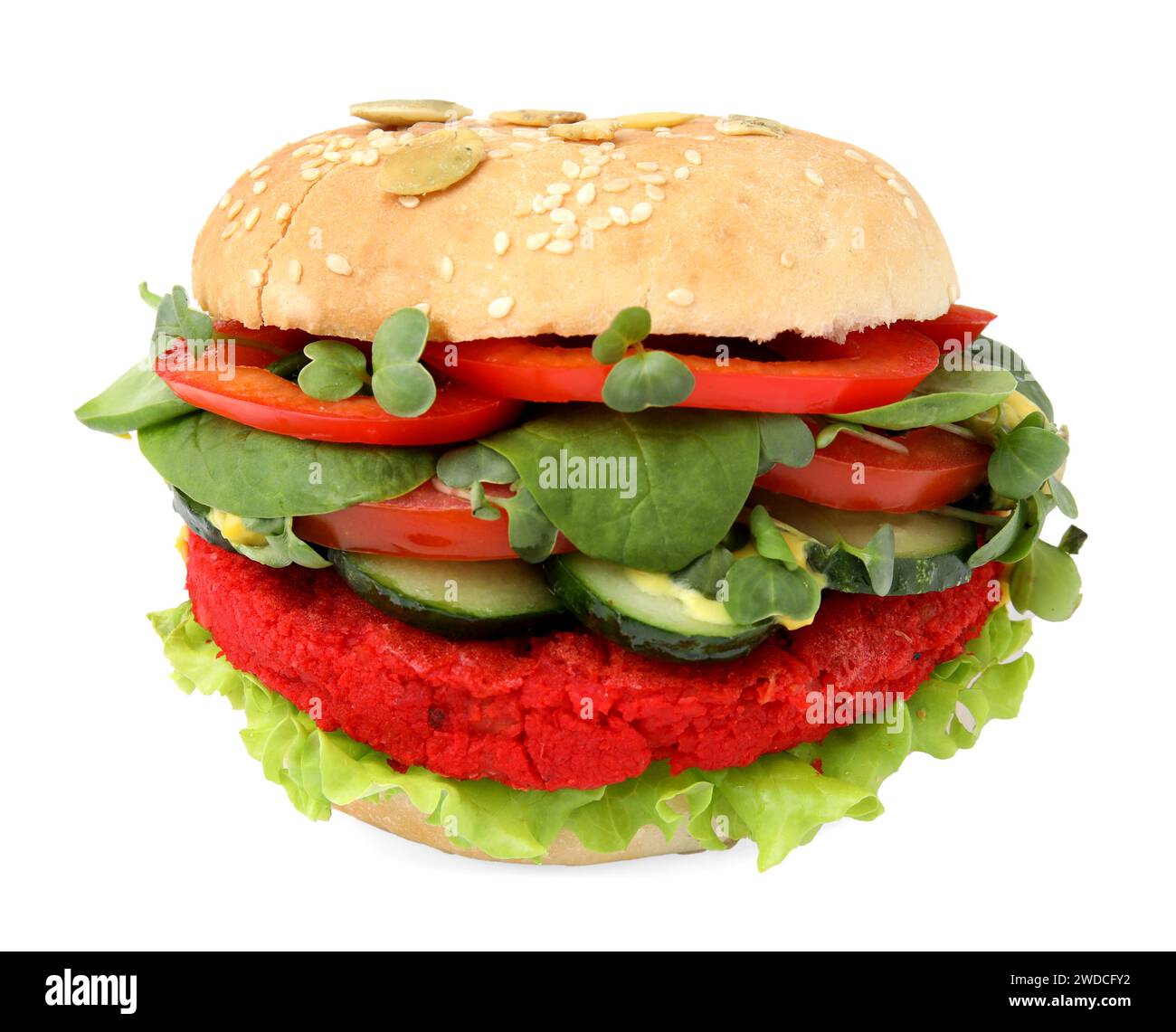 Tasty vegan burger with vegetables, patty and microgreens isolated on ...
