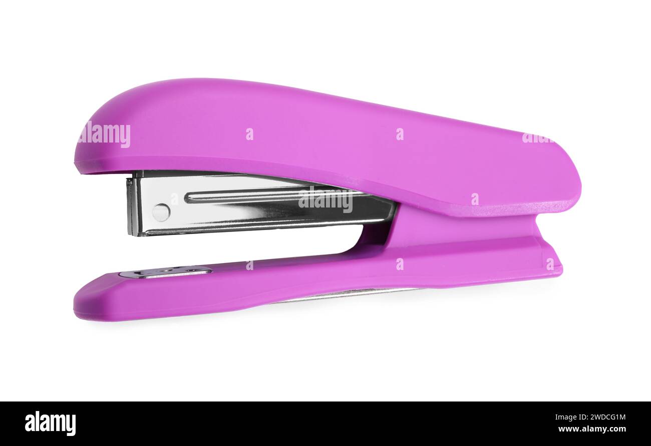 One purple stapler isolated on white, top view Stock Photo - Alamy