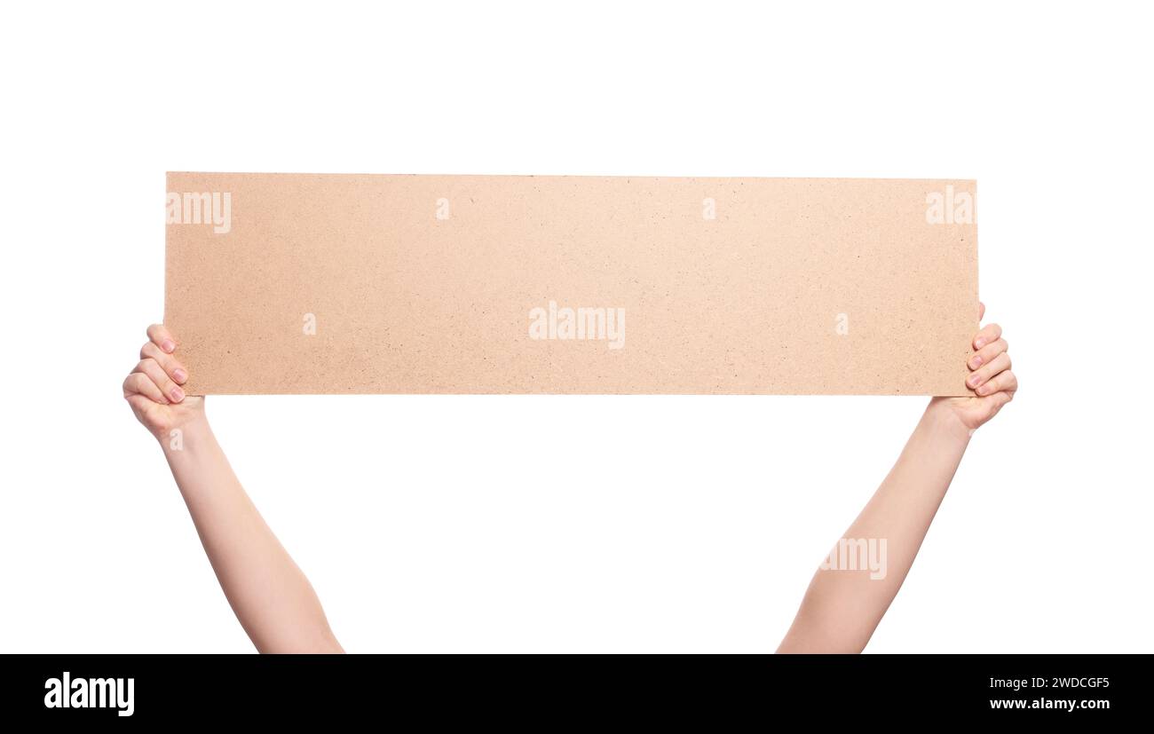Woman holding blank cardboard banner on white background, closeup Stock ...
