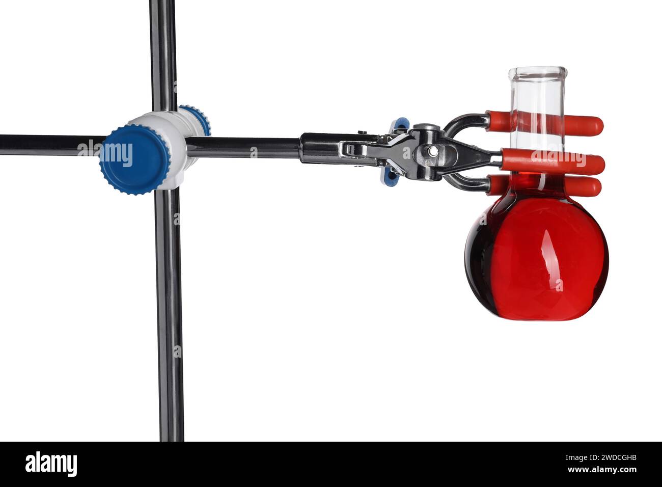 Retort stand with flask of red liquid isolated on white Stock Photo - Alamy