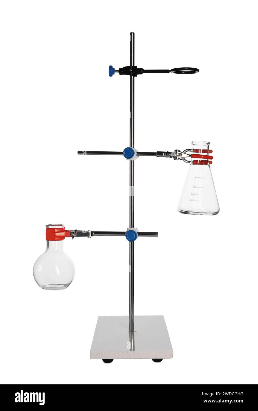 Retort stand with empty flasks isolated on white Stock Photo - Alamy
