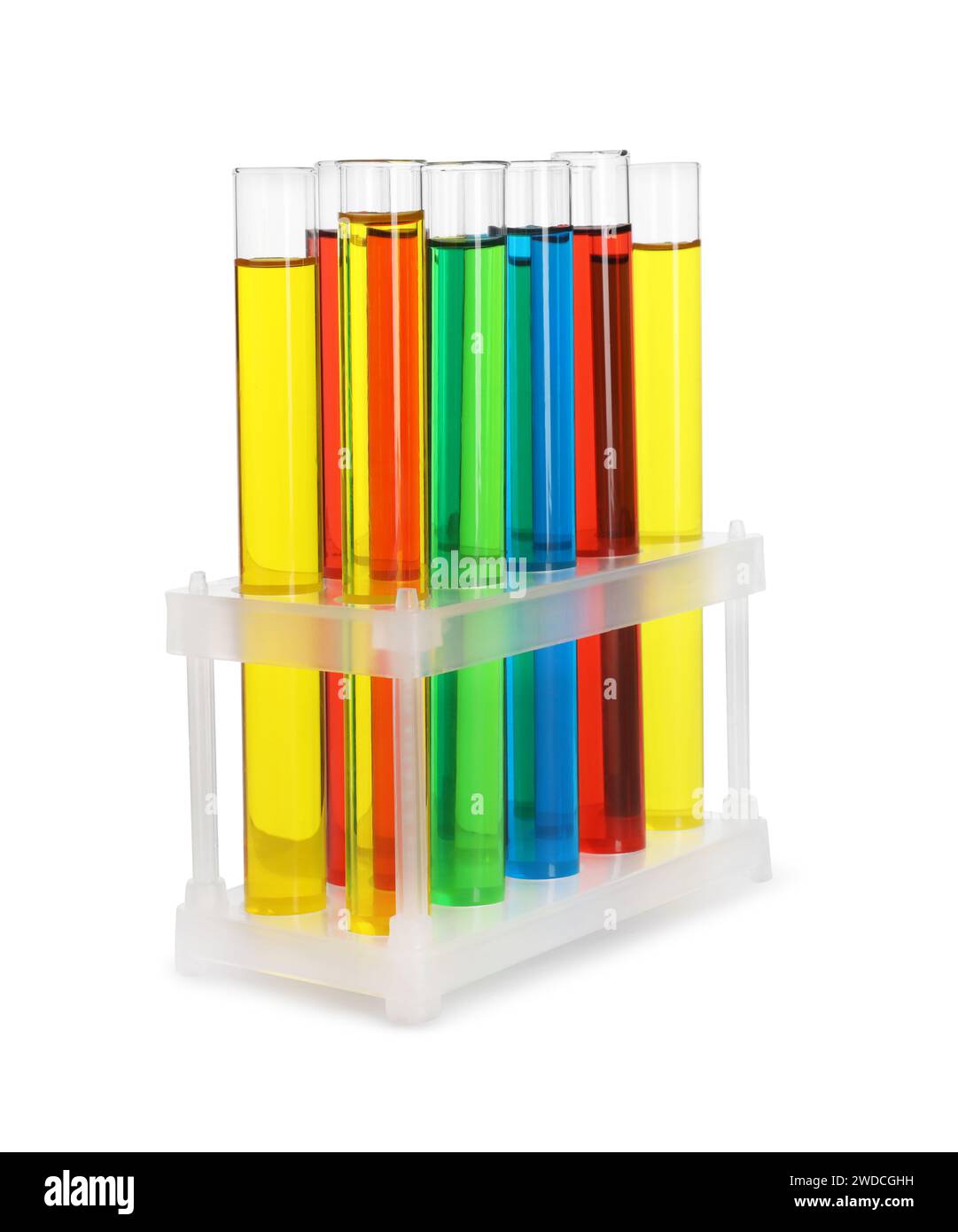 Many test tubes with colorful liquids in stand isolated on white Stock ...