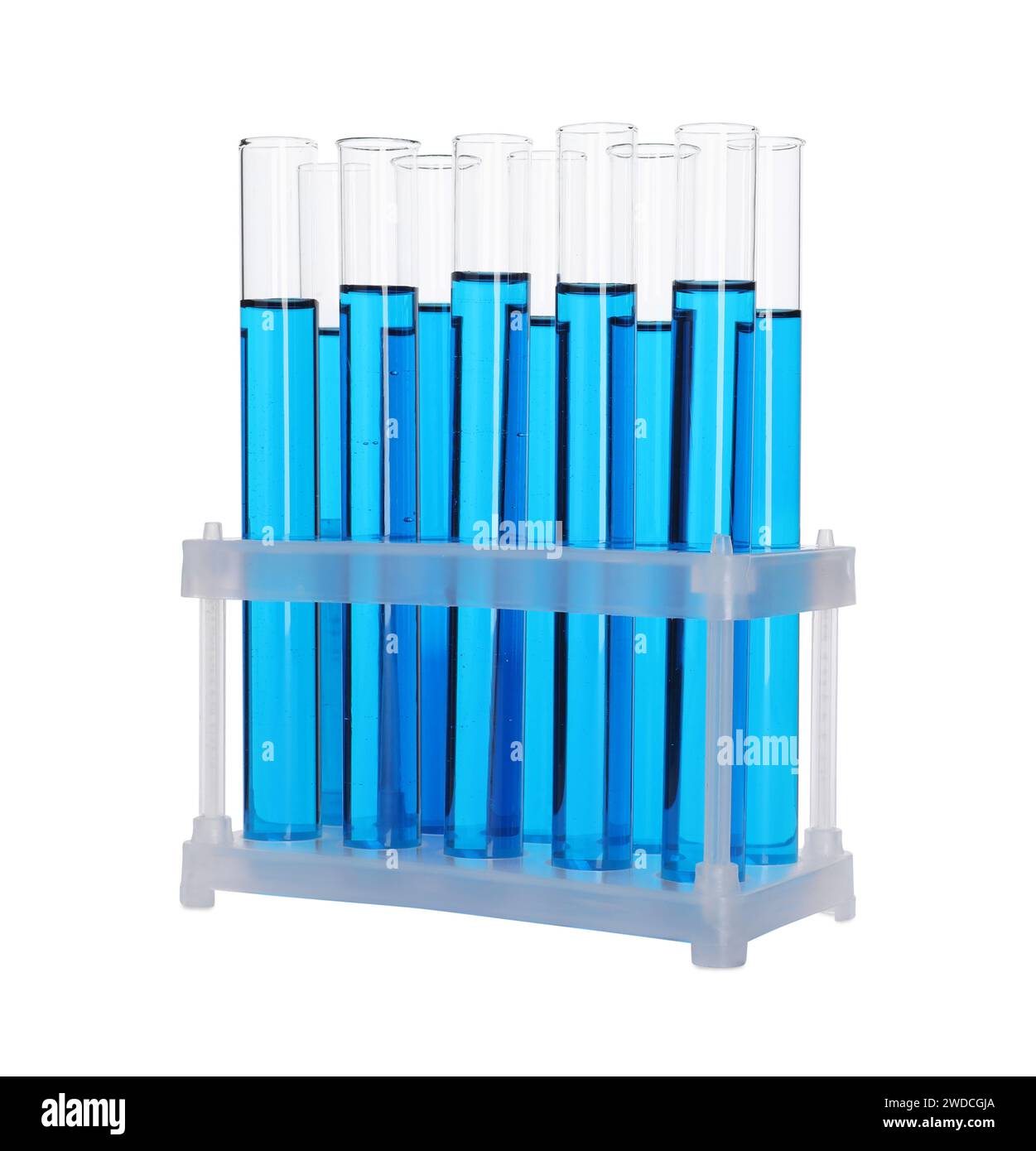 Many test tubes with light blue liquid in stand isolated on white Stock ...