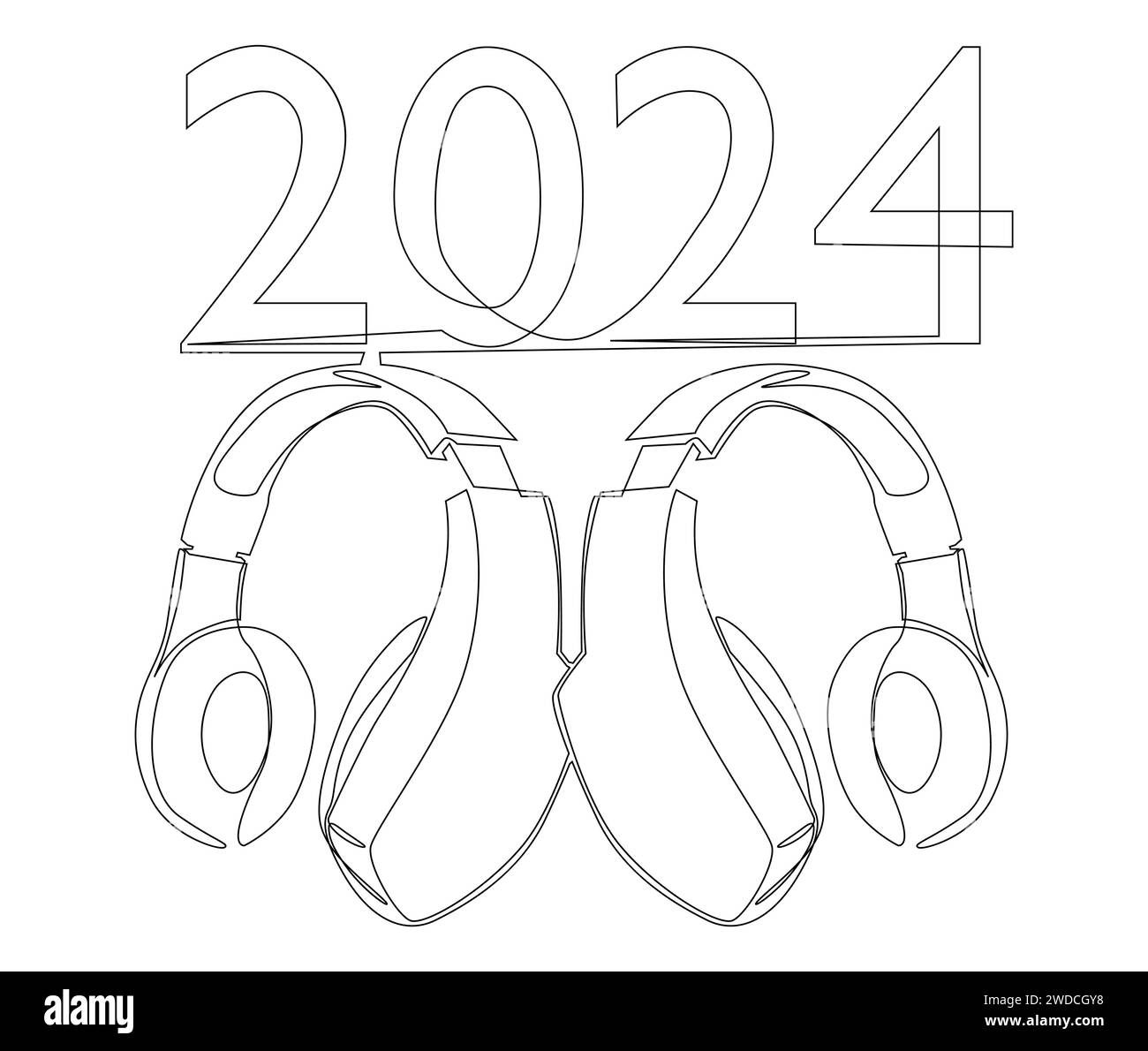 One continuous line of Headset and number 2024. Thin Line Illustration ...