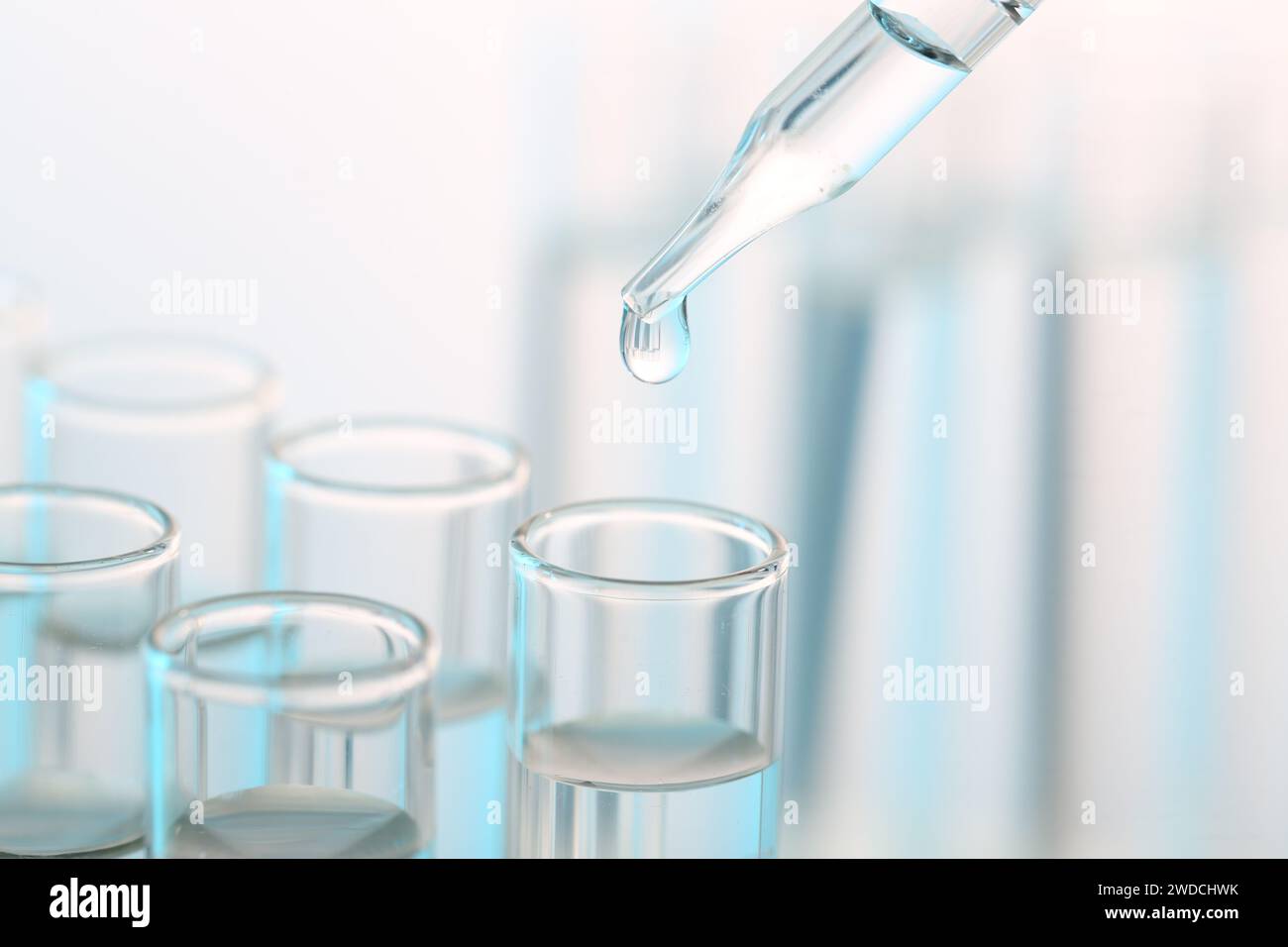 Laboratory analysis. Dripping liquid from pipette into glass test tube ...