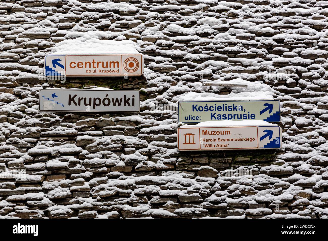Zakopane, Poland. 19th Jan, 2024. Street signs covered with snow are ...