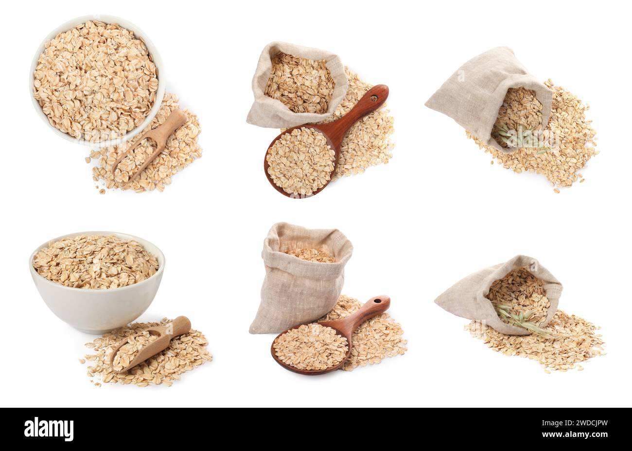 Rolled oats in bowl and bags isolated on white, top and side views ...