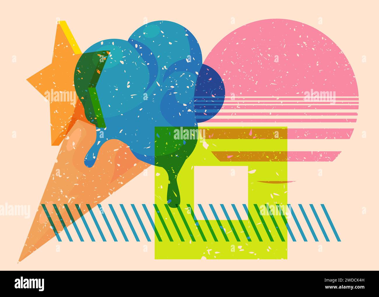 Risograph Ice Cream with geometric shapes. Objects in trendy riso graph ...