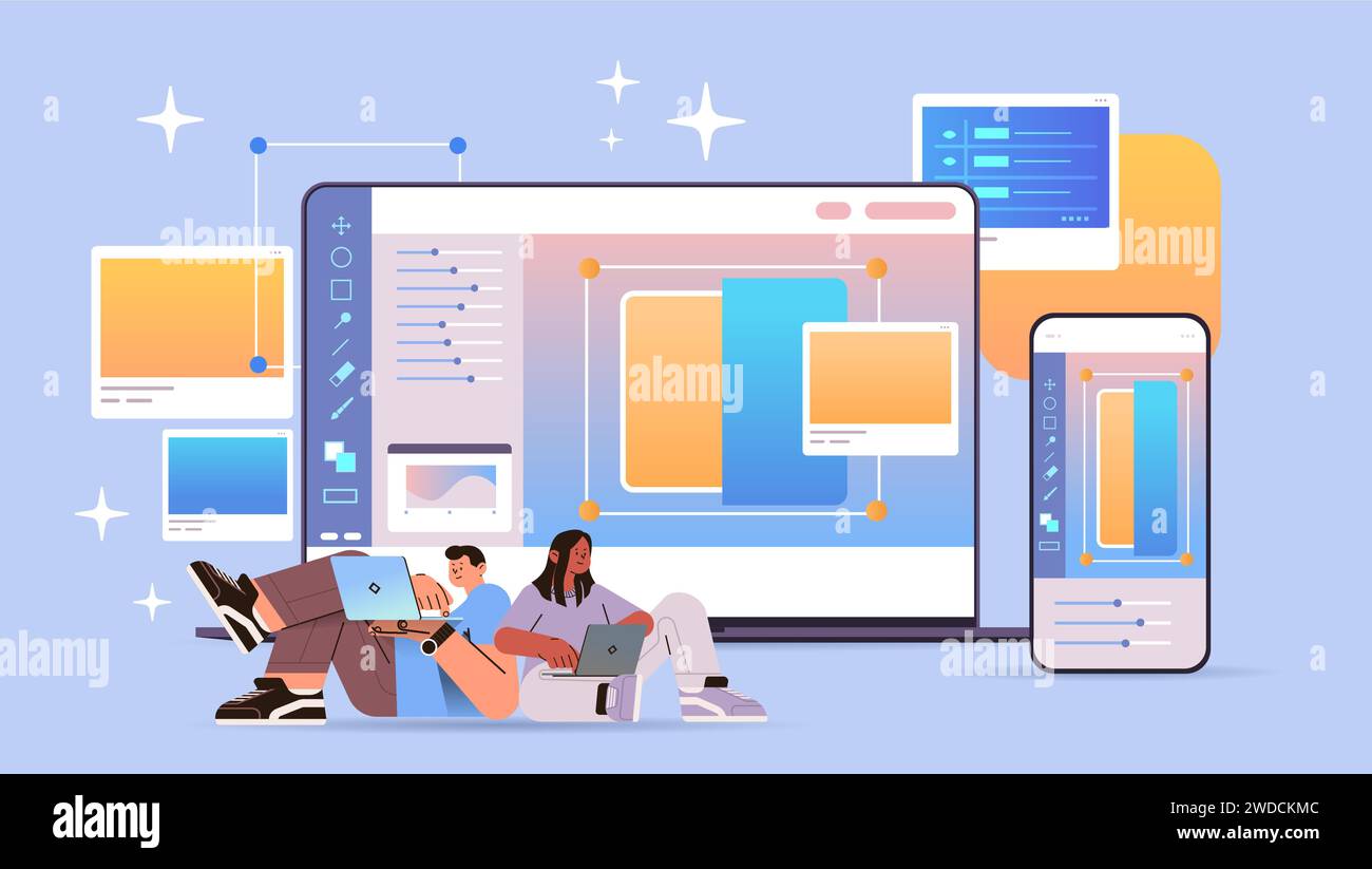 graphic design artists working on laptop man woman designers creating ...