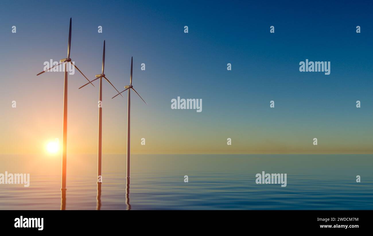 Offshore Wind Turbines Farm At sunset. Green ecological power energy ...