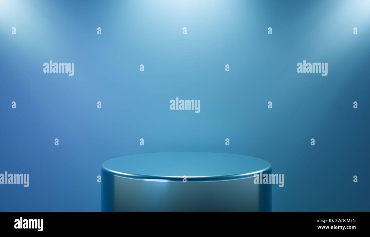 products display podium scene with round platform. Blue background with ...