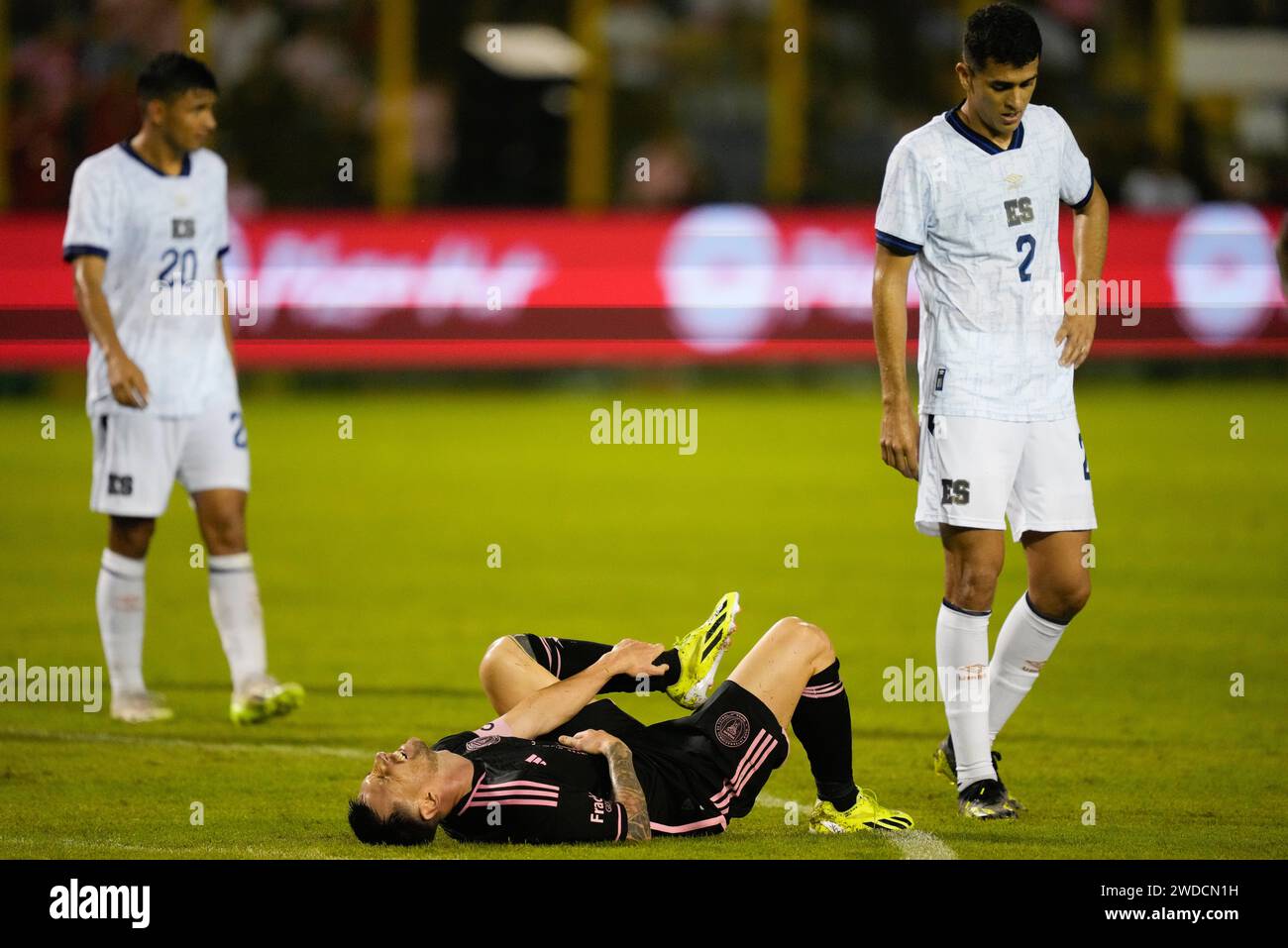 Inter Miami's Lionel Messi lies on the pitch after being fouled by El ...