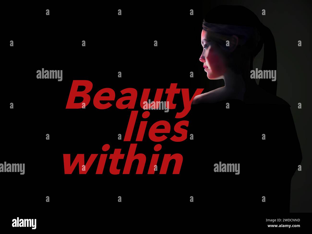 Beauty lies within text is seen with an image of a young woman in a 3-d ...
